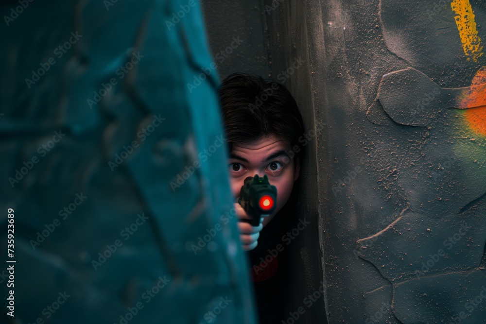 a player peeking from behind a corner aiming with a laser gun Stock ...