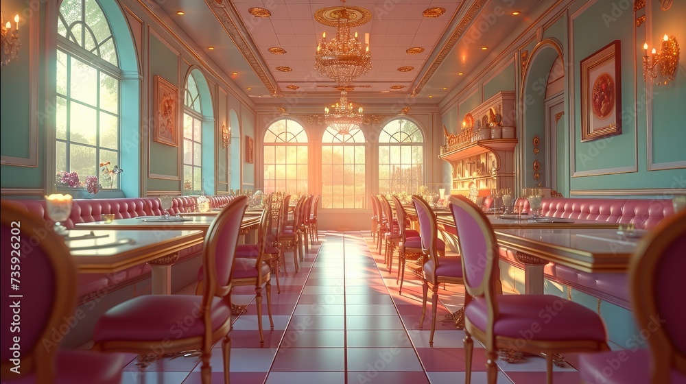 Empty diner table in a large room. The table is really long with dreamy ...