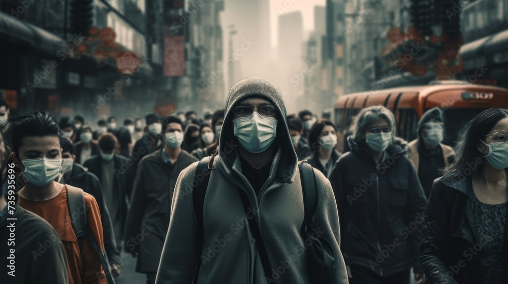 A crowd of people of different nationalities in medical face masks is ...