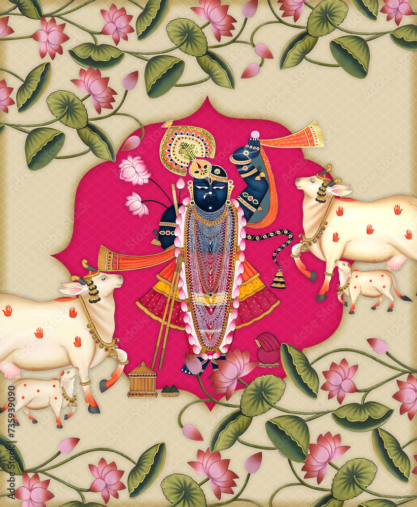 A Beautiful Indian Cow Pichwai Art Illustration with background ...