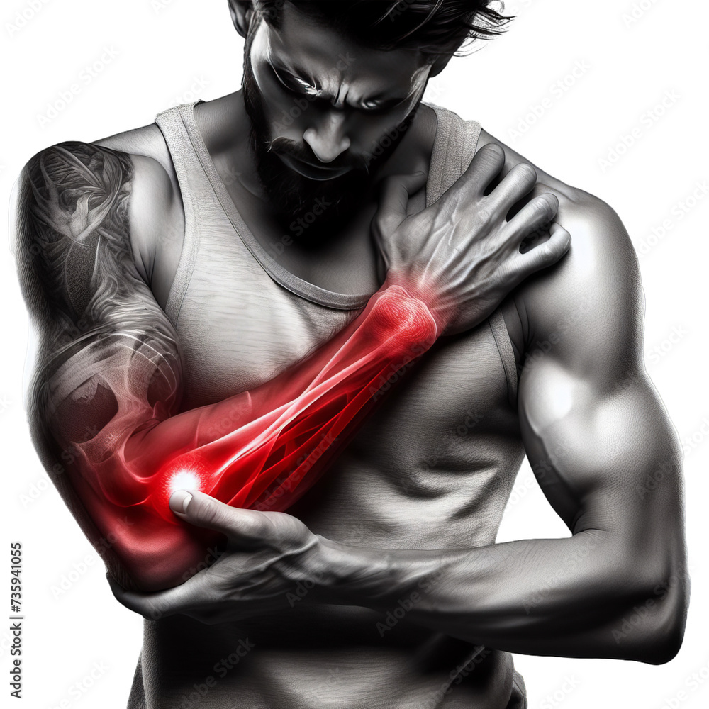 Man with pain in arm,monochrome image,monochrome photo with red as a ...