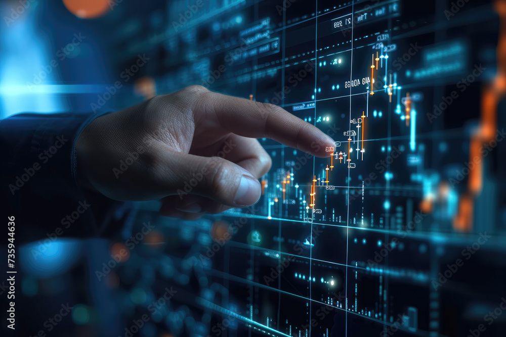 Finger touching data graph chart displayed on transparent screen, Businessman hand pointing ...