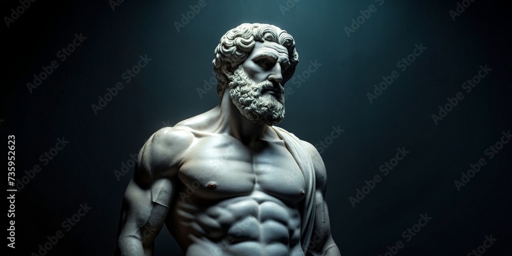standing greek statue of philosophy with beard and muscle, cinematic ...