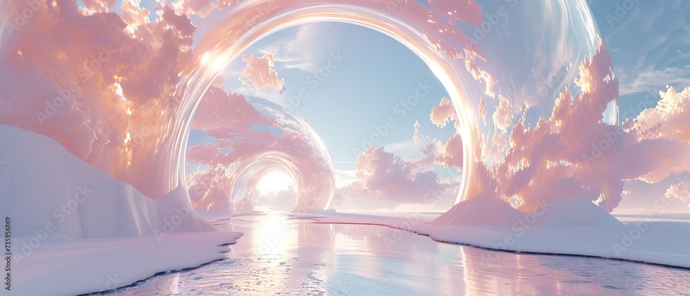 3D depiction of heaven's gates as luminescent pearl archways ...