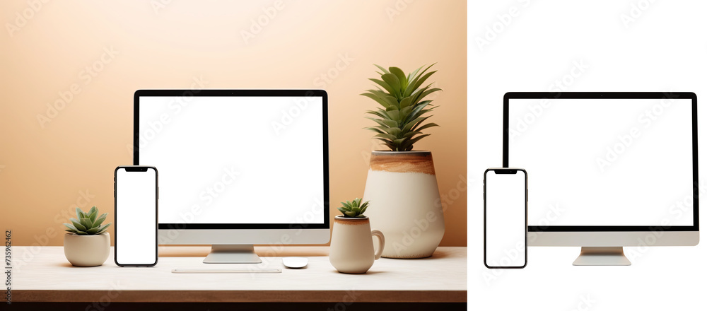 Desktop computer smartphone cutout screen on office room background ...