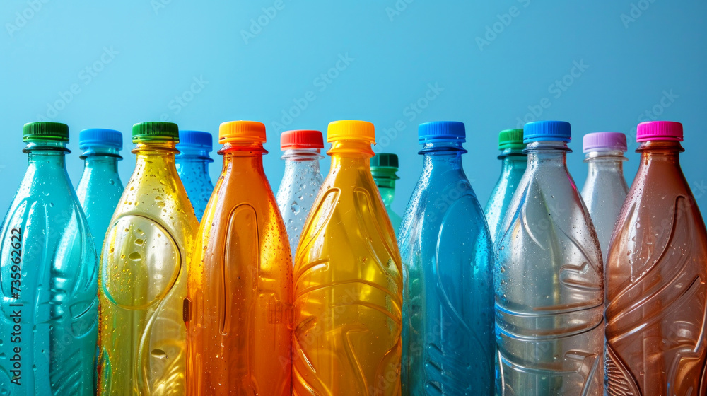 Background texture of diverse colorful empty plastic bottles and packs ...