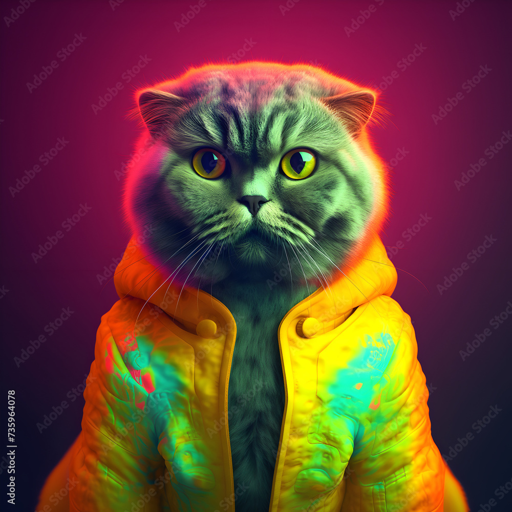 Realistic lifelike Scottish cat kitten kitty in fluorescent electric ...