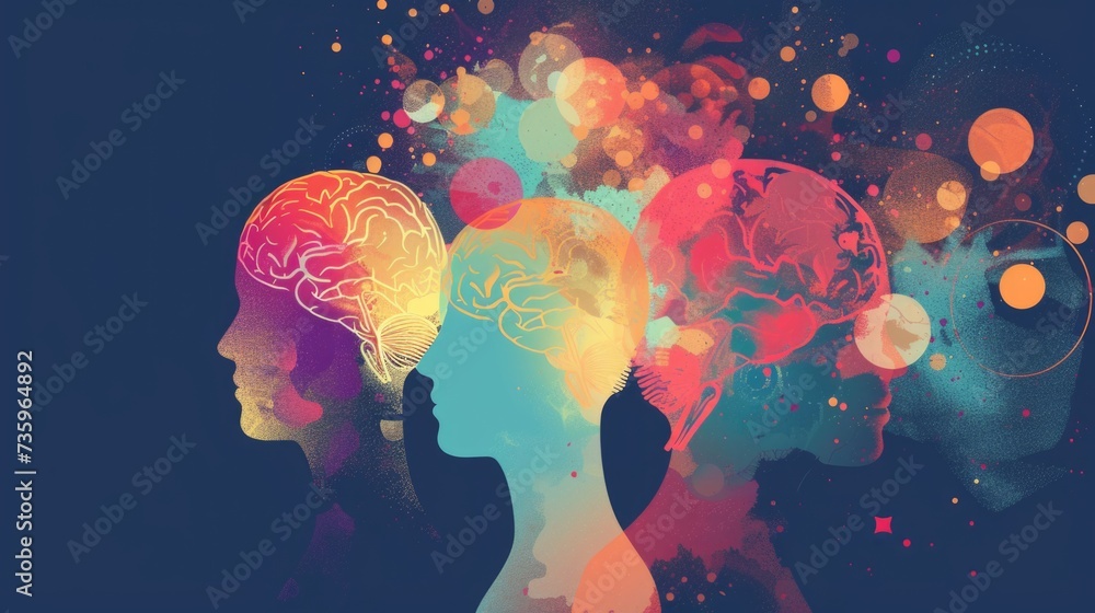 Conceptual illustration of human profiles with colorful brain mapping ...