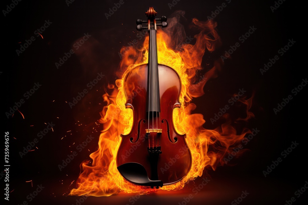 burning violin or cello on fire isolated on black. Passion for music ...