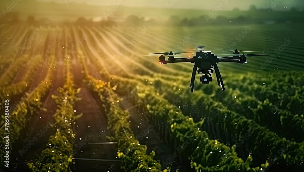 Lush green farmland modern drone equipped with advanced technology ...
