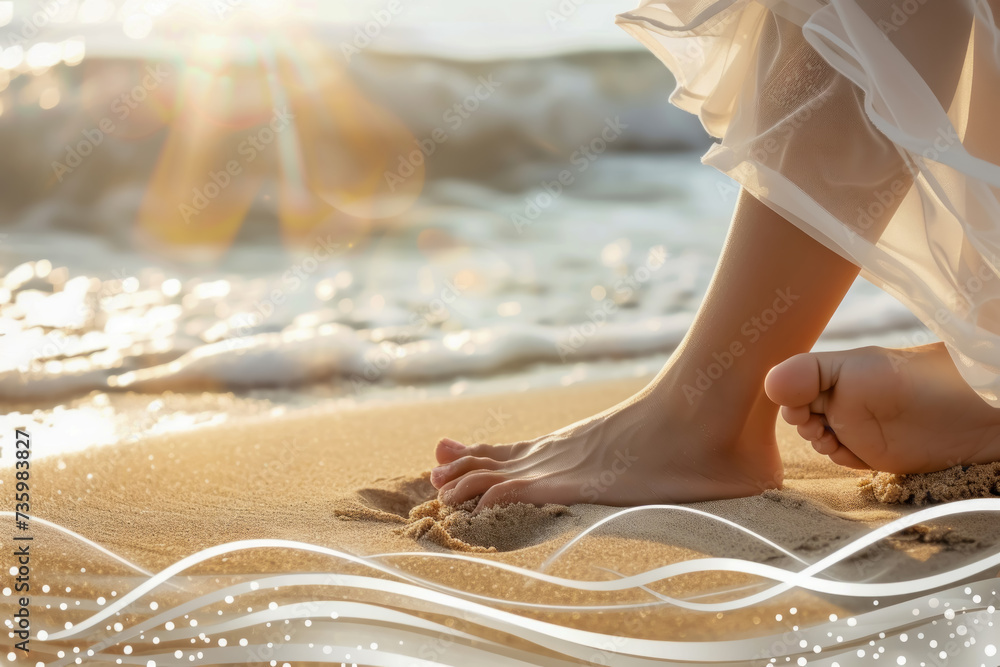 Pregnant mother's bare feet on beach, Toes in sand. Sun flare. Stock ...