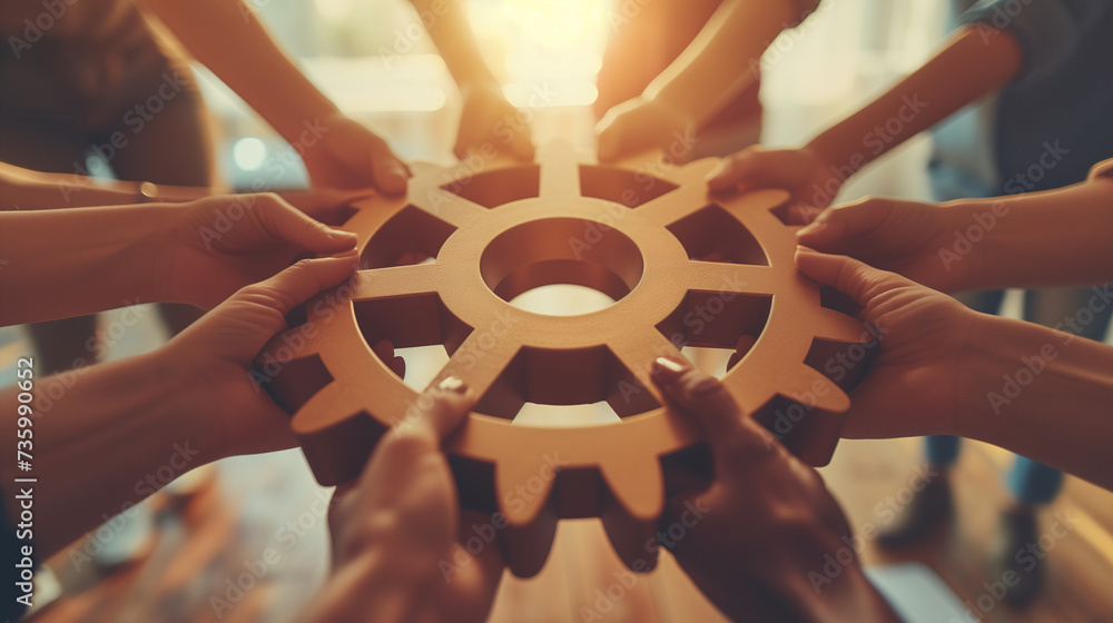 A team collaboratively placing their hands together on a symbolic gear ...