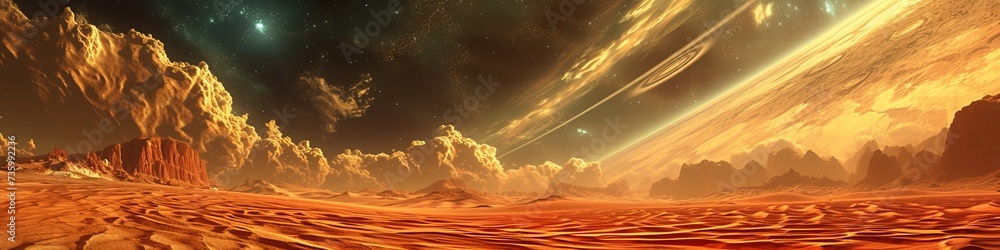 A primordial Earth scene, with vast deserts of red and orange sands ...