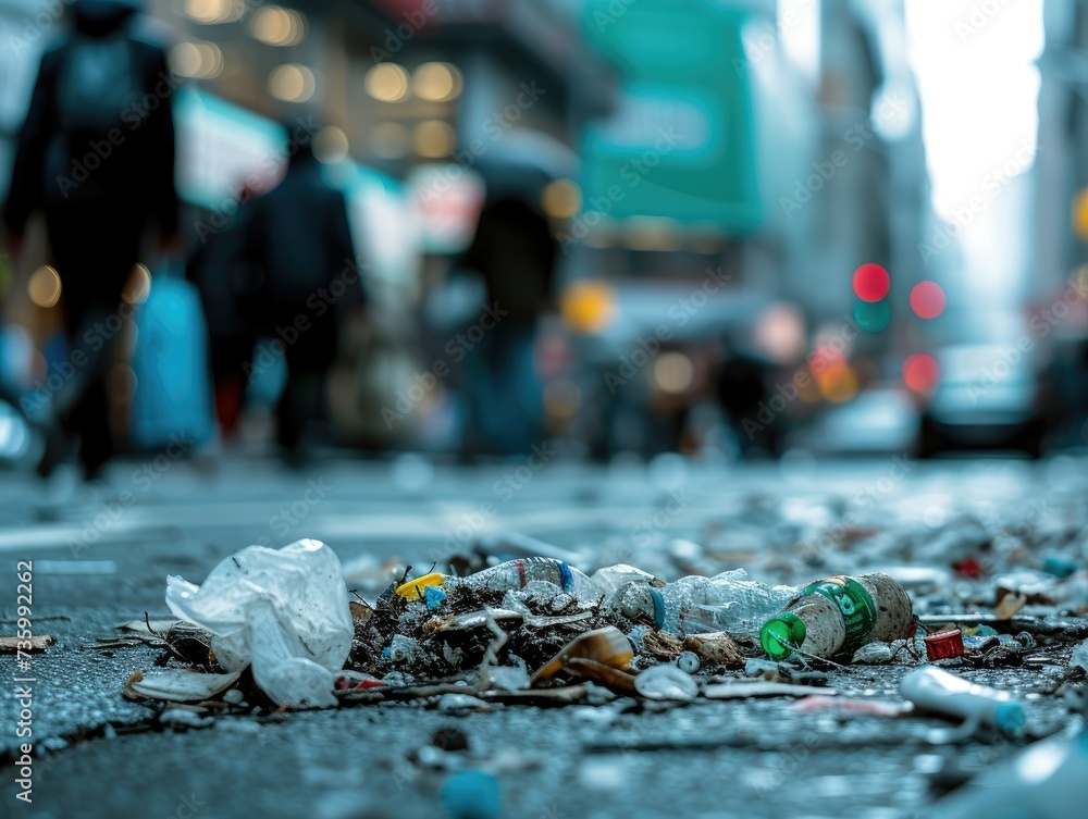 Chaotic city street with overflowing trash cans, debris, and broken ...