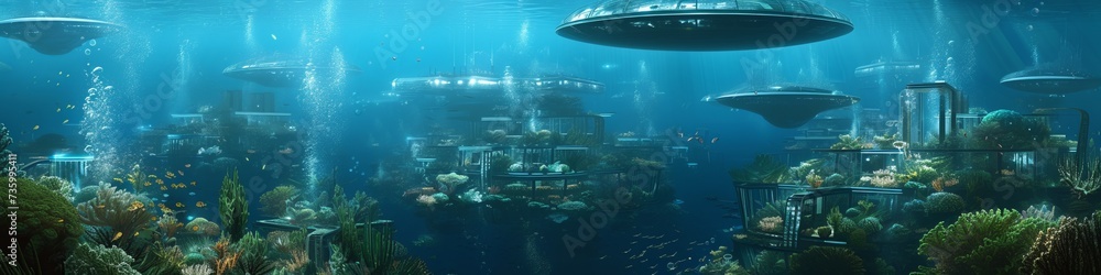 A submerged Earth civilization, where sleek underwater buildings house ...