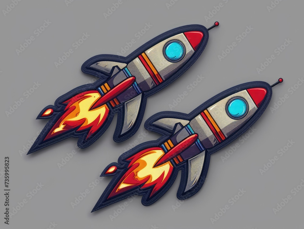 Hyper-realistic rocket ship patch design in sharp focus. Dynamic pose ...