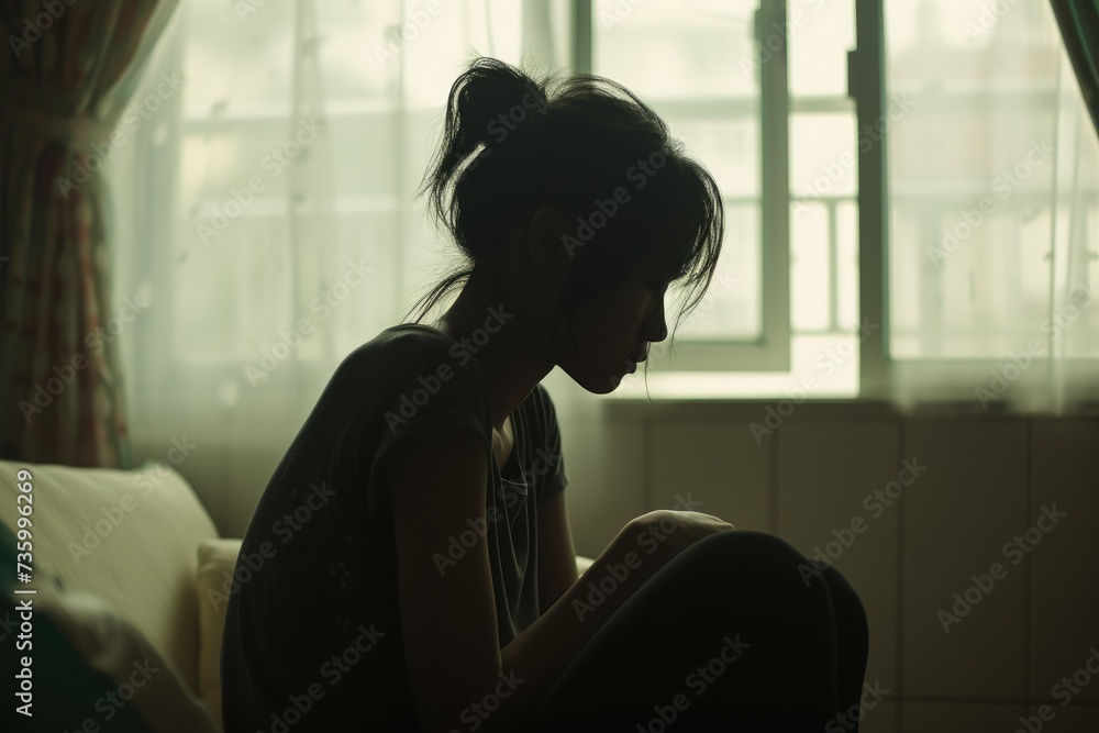 A sad woman sits on a couch by a window, her head down in deep sorrow ...
