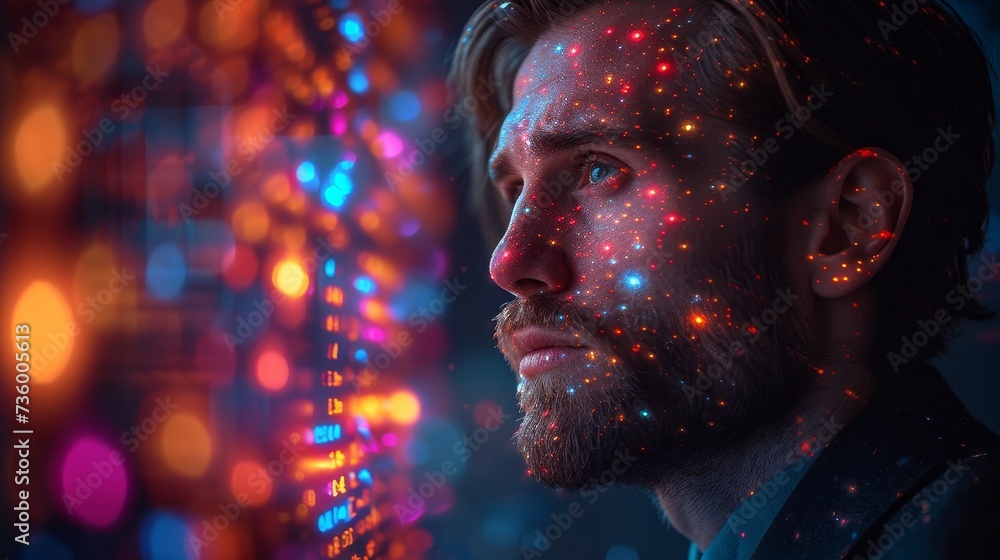 Man programmer working on laptop for big data management, computer code shown on a futuristic ...