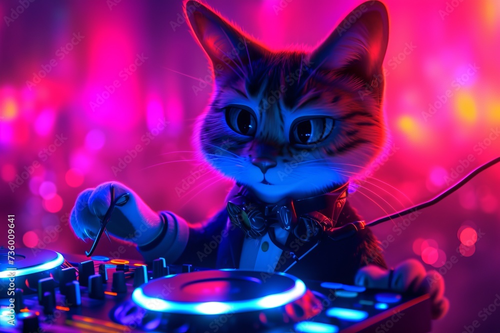Cute cat DJ in neon colors with glasses and a suit in a nightclub at a ...