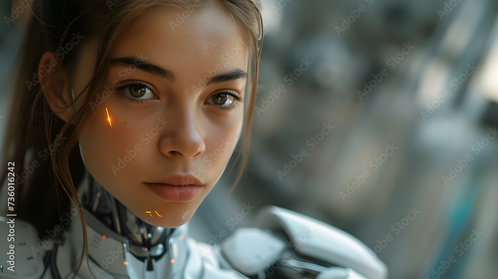 Futuristic Female Cyborg in Robotic Suit, Humanoid Beautiful Woman ...