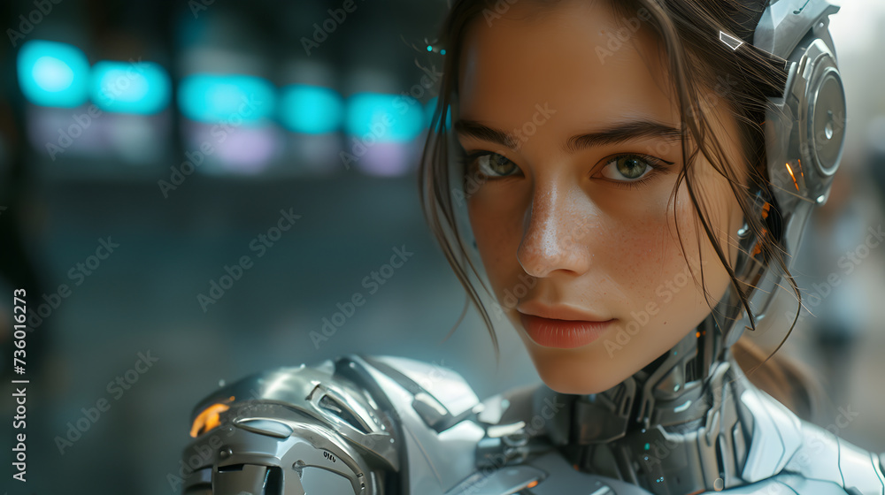 ภาพประกอบสต็อก Futuristic Female Cyborg in Robotic Suit, Humanoid ...