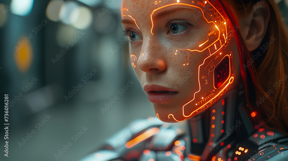 Futuristic Female Cyborg in Robotic Suit, Humanoid Beautiful Woman ...
