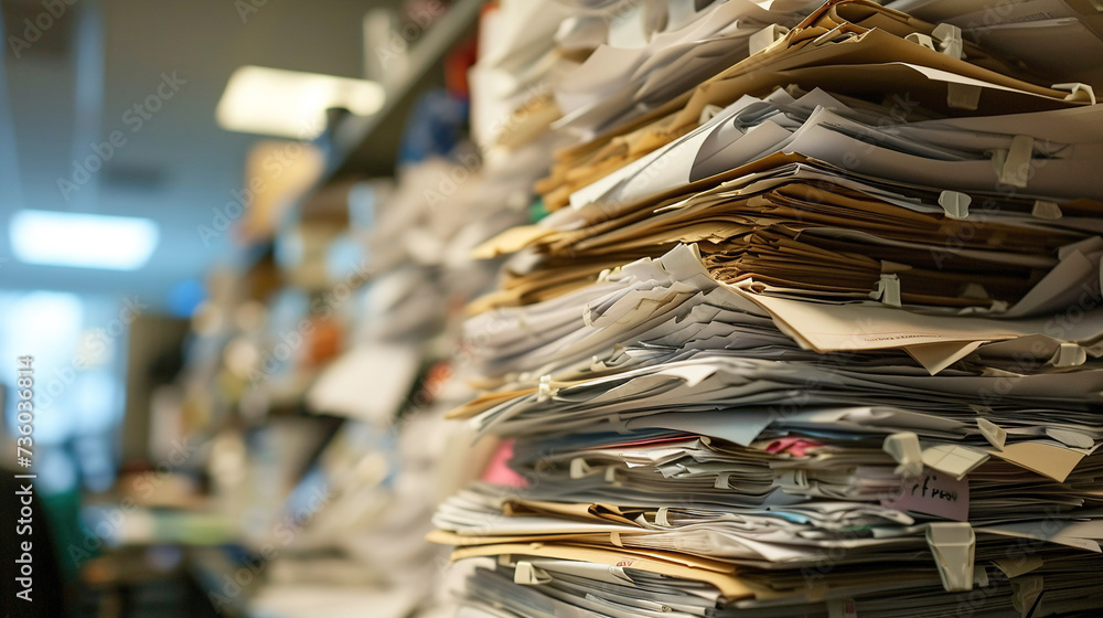 Large stacks of documentation. The office is filled with a huge number ...