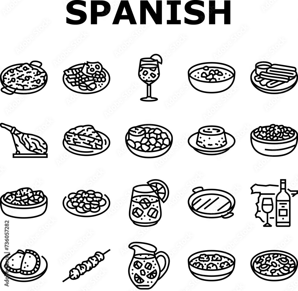 spanish cuisine food paella tapas icons set vector. spain dish, plate ...