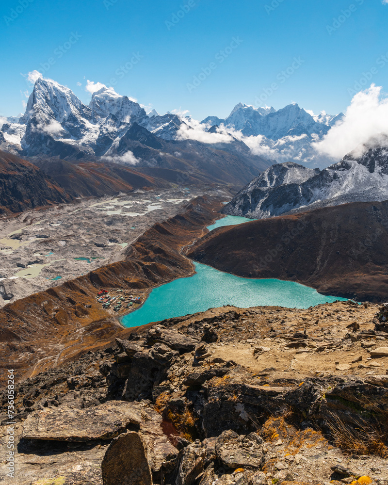 View of Village and Lake Gokyo, snow capped Cholatse, Taboche, Cholatse ...