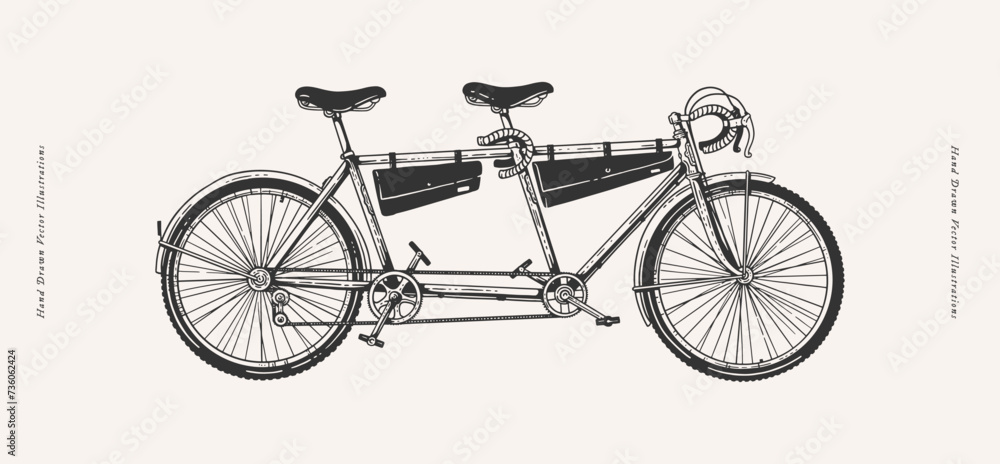 Tandem bicycle, two-seater bicycle on a light background. Retro bicycle ...