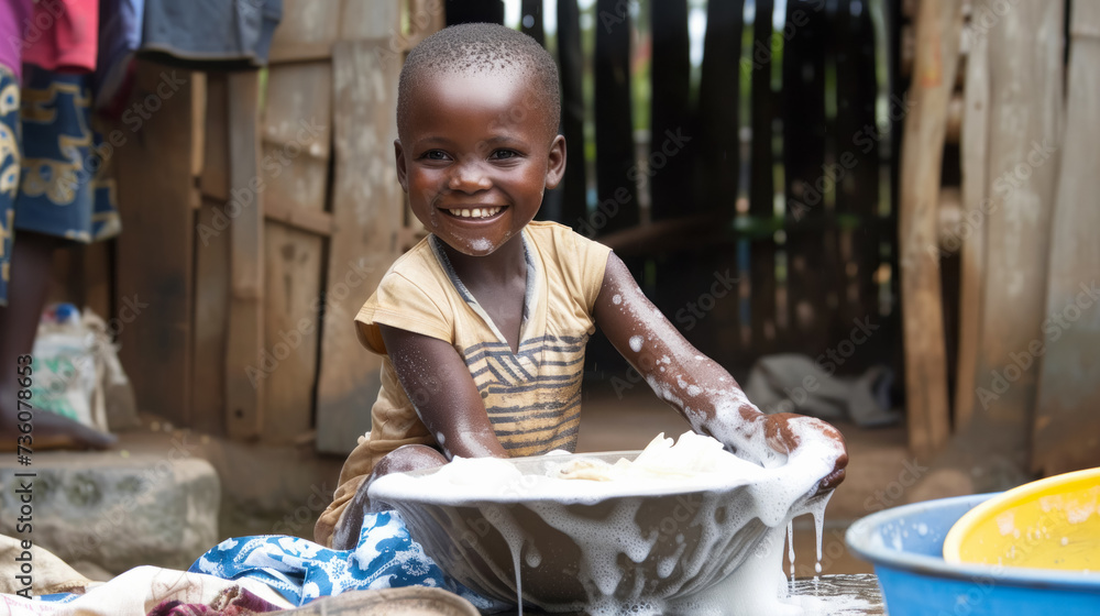 A smiling dark-skinned child busy washing clothes. This picture raises ...