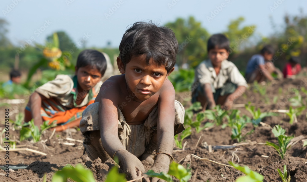 An Indian boy works in the field with other children, his gaze is ...