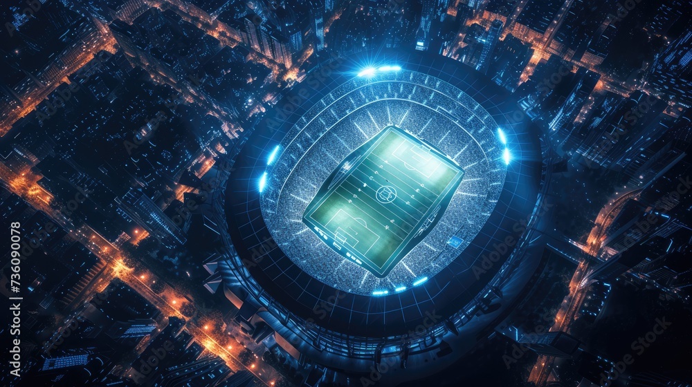 Aerial Shot Looking Down on Huge Circular Football Stadium, Modern and ...