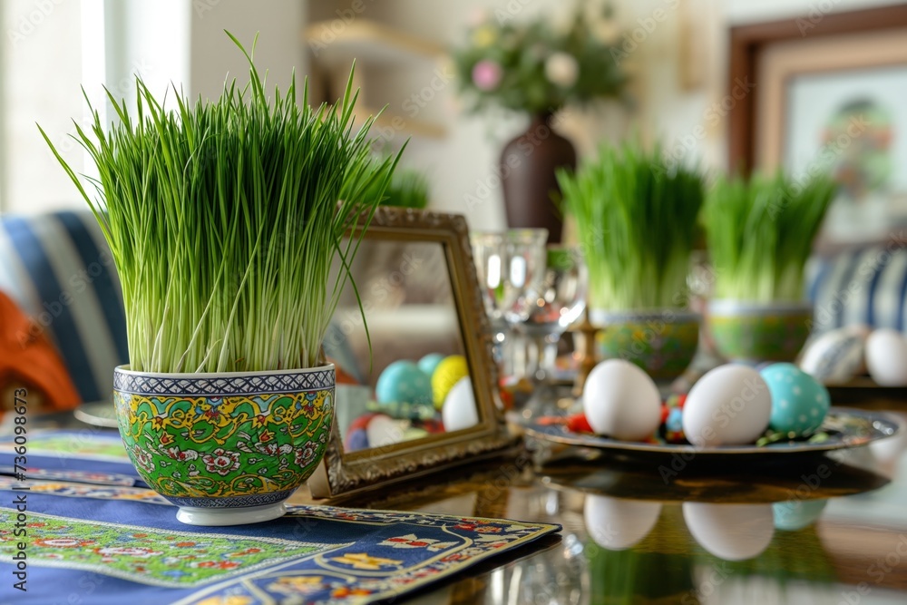 Nowruz table setting with traditional Haft-Seen items, sprouts ...