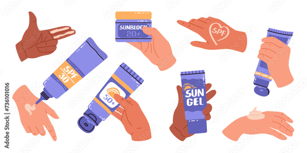 Different hands use spf cream. Sunscreen set. Skin sun protection ...