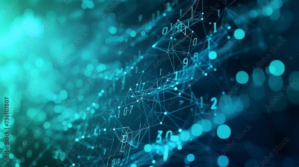 A network structure composed of numbers, cyan blue spots, and lines ...