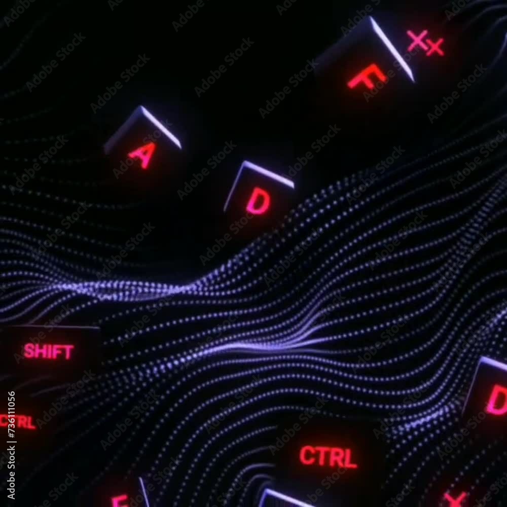 Vidéo Stock Parallax flying red neon 3d keyboard keys above lines ...