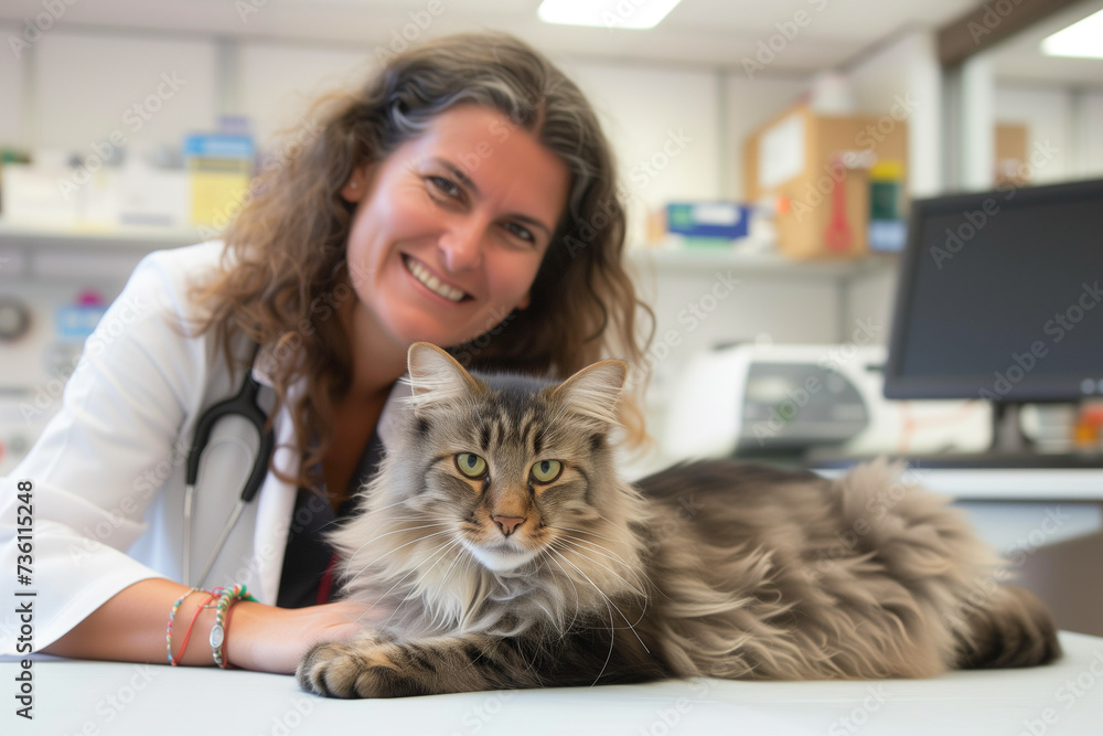 Cat in veterinary medical office, smiling woman doctor, pet care Stock ...