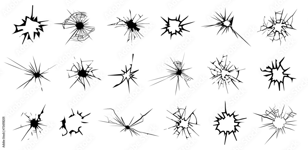 Bullet hole collection. Set of cracked dots from gunshot shooting area ...