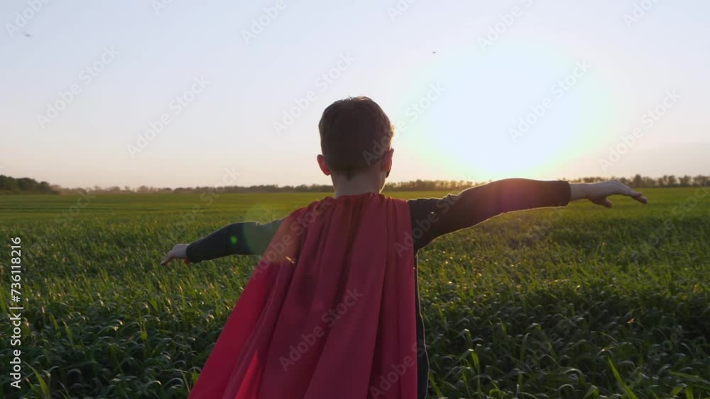A child in a red cape portrays a superhero. boy superhero back view ...