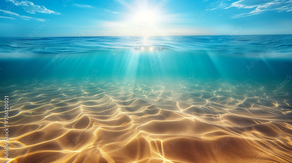 ภาพประกอบสต็อก Seabed sand with blue tropical ocean above and sunny ...