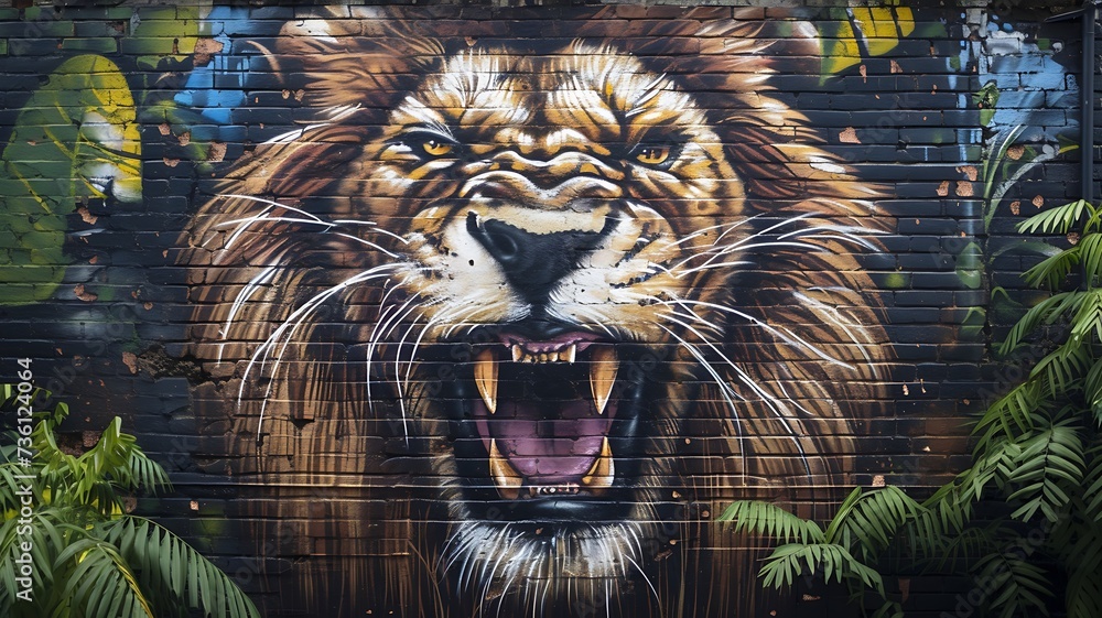 Grafite de leão feroz em muro urbano com efeito tridimensional Stock ...