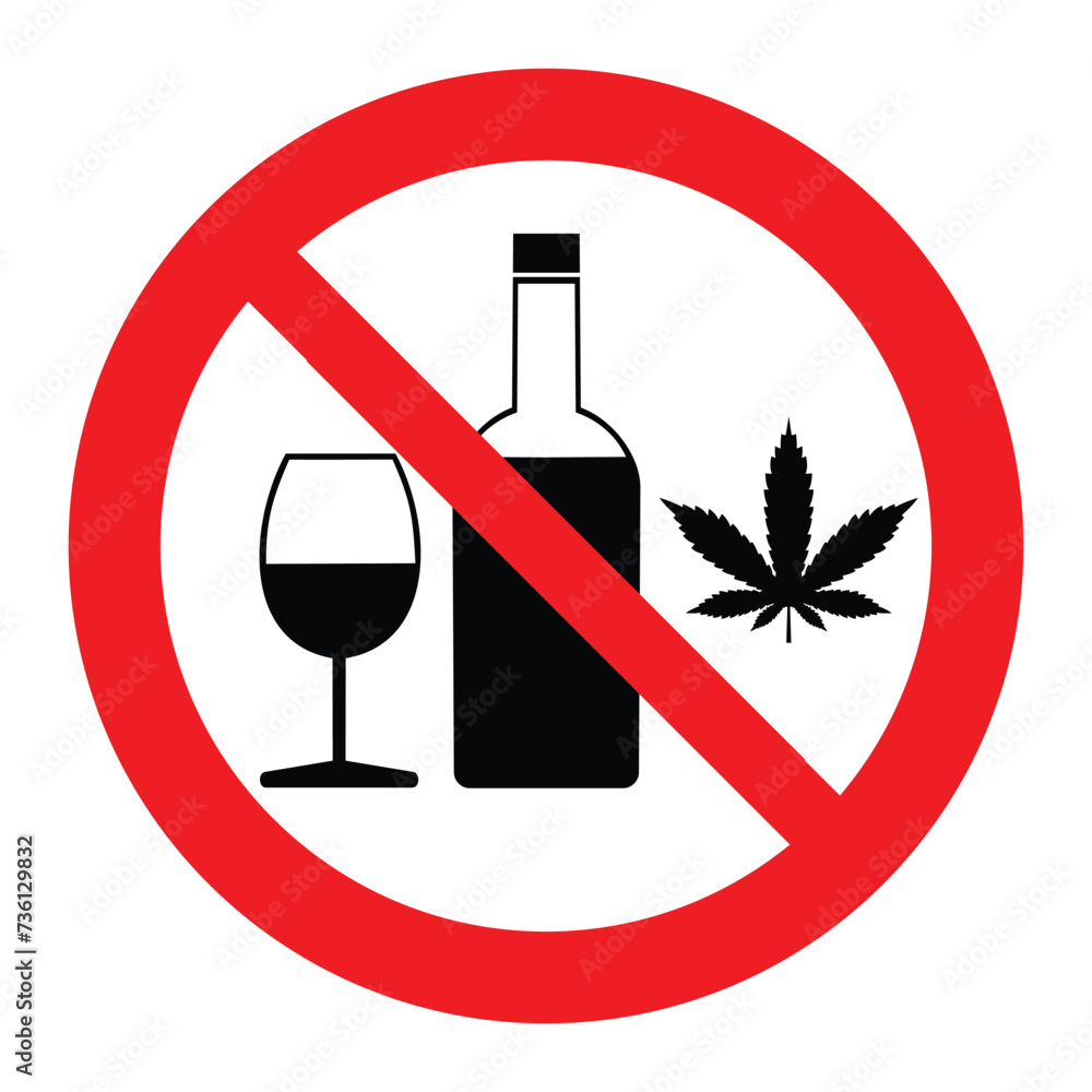 No alcohol and drugs. Alcohol and drugs prohibition sign, vector ...