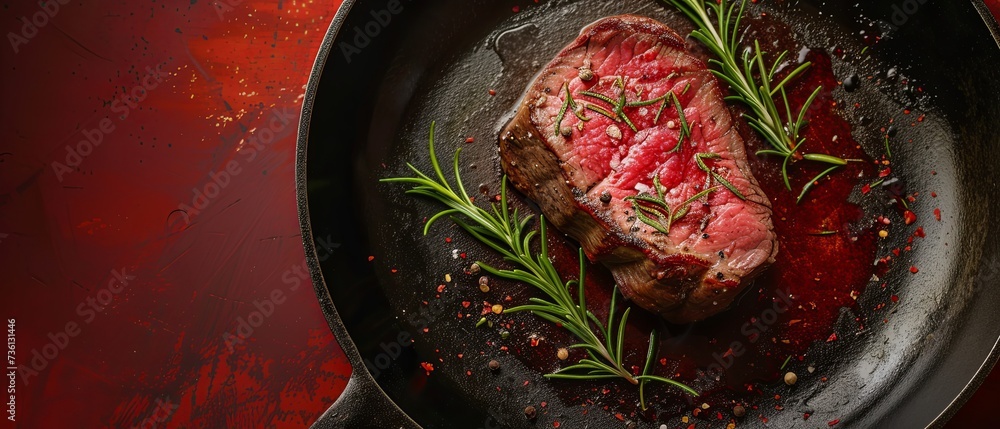 Slow cooked filet mignon on seasoned black skillet, in the style of ...