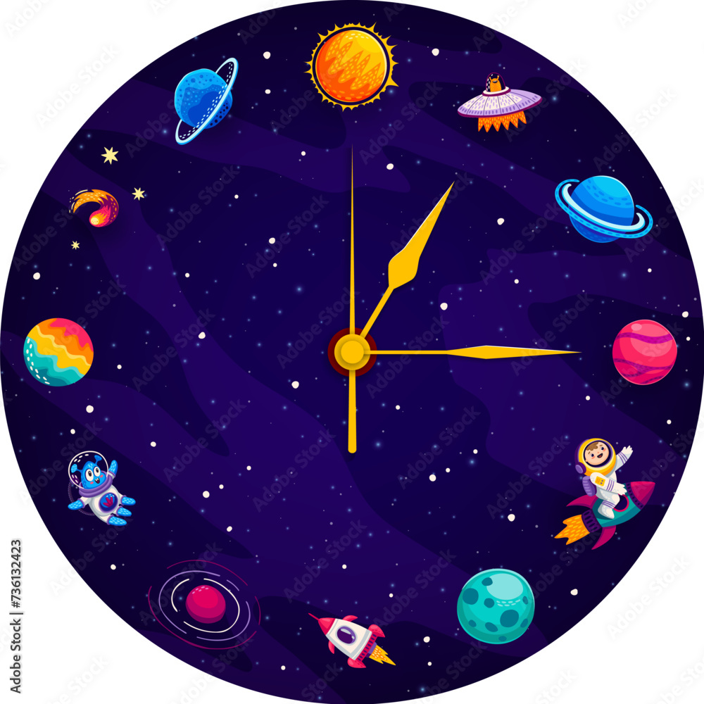 Galaxy space clock background with planets, rockets, kid spaceman and ...