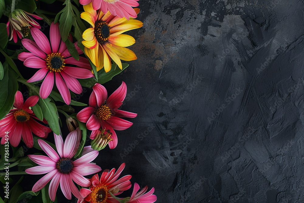 Flowers border on a black background. With copy space. For advertising ...