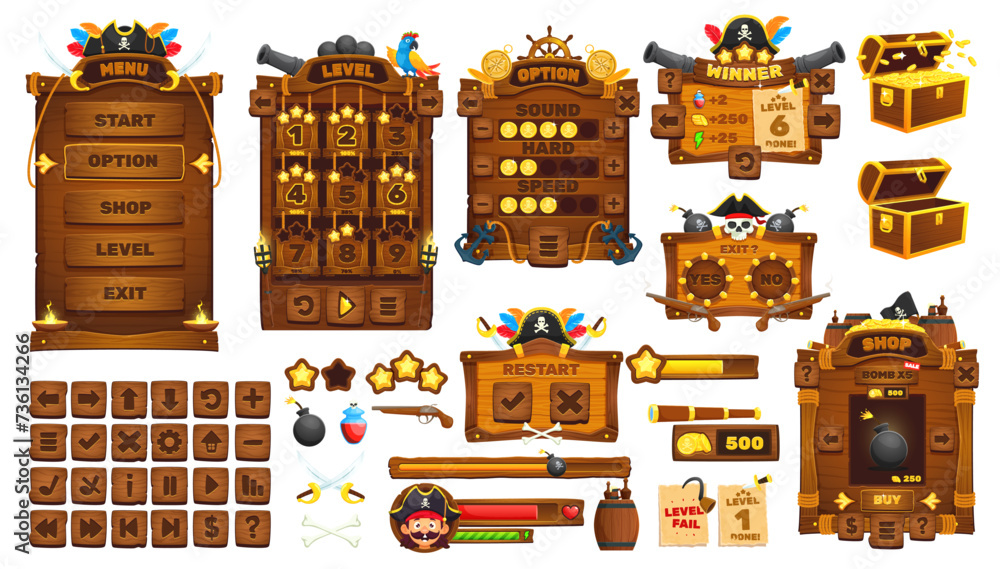 Pirates and corsairs game UI interface, game buttons and GUI elements ...
