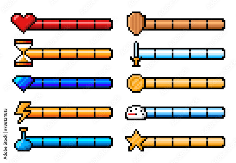 8bit pixel arcade game experience bars and energy levels, vector UI interface elements. Arcade ...
