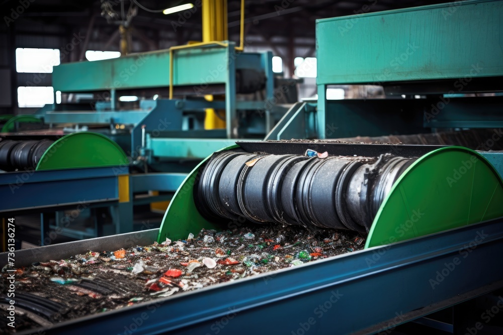 Garbage conveyor belt where pieces of garbage are sorted into different ...
