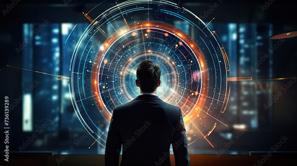 Businessman aims arrow at a virtual target dartboard, precision in ...